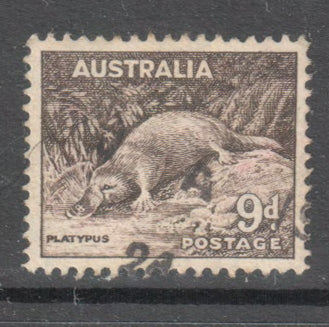 Australian 1937 9d Dark Brown Platypus Stamp Perfin:15-14 – Gumnut Antiques