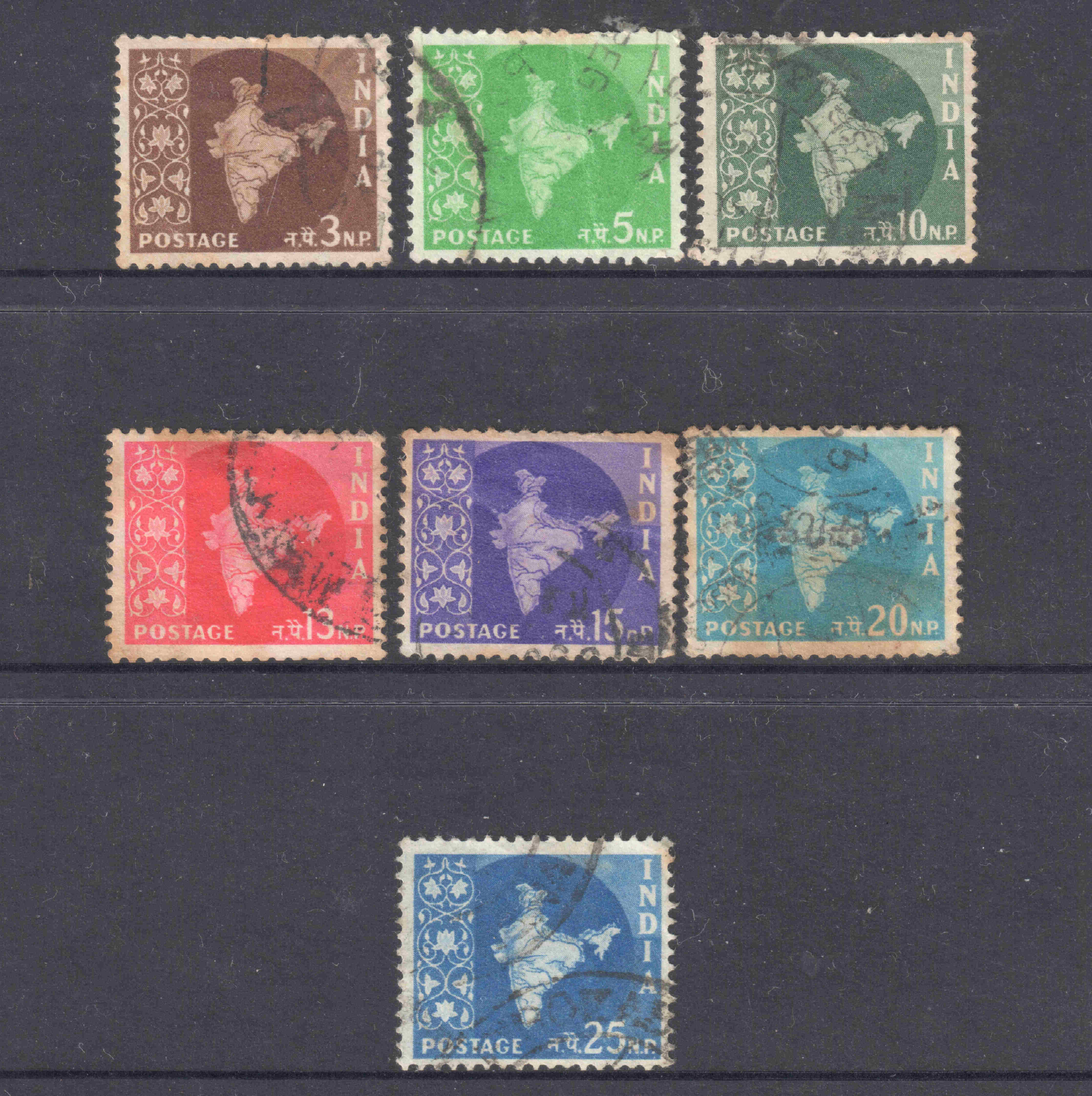 India 1957 - 1958 Map of India Stamps Set of 7 - Perfin:14x14.5 ...