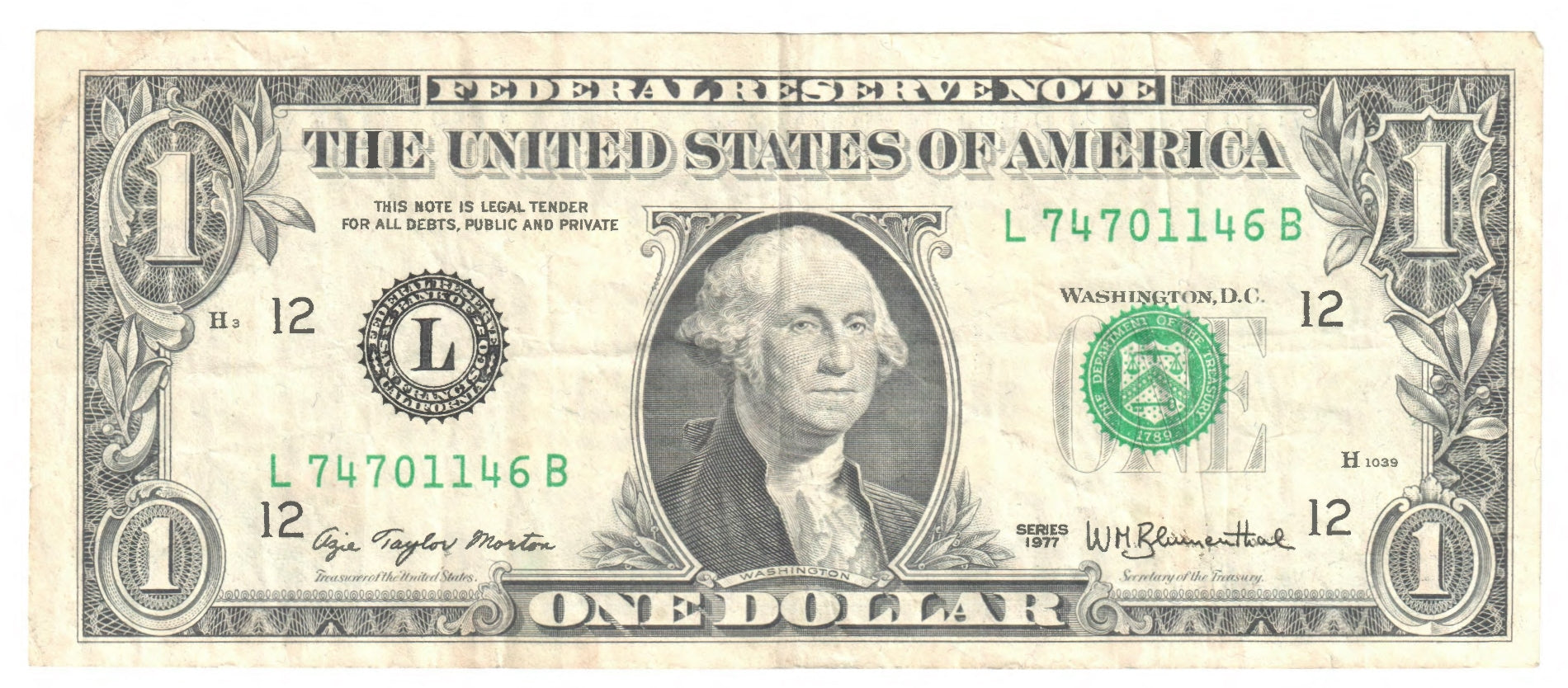 USA 1977 L $1 1 Dollar San Francisco Banknote s/n L 74701146 B – Gumnut ...