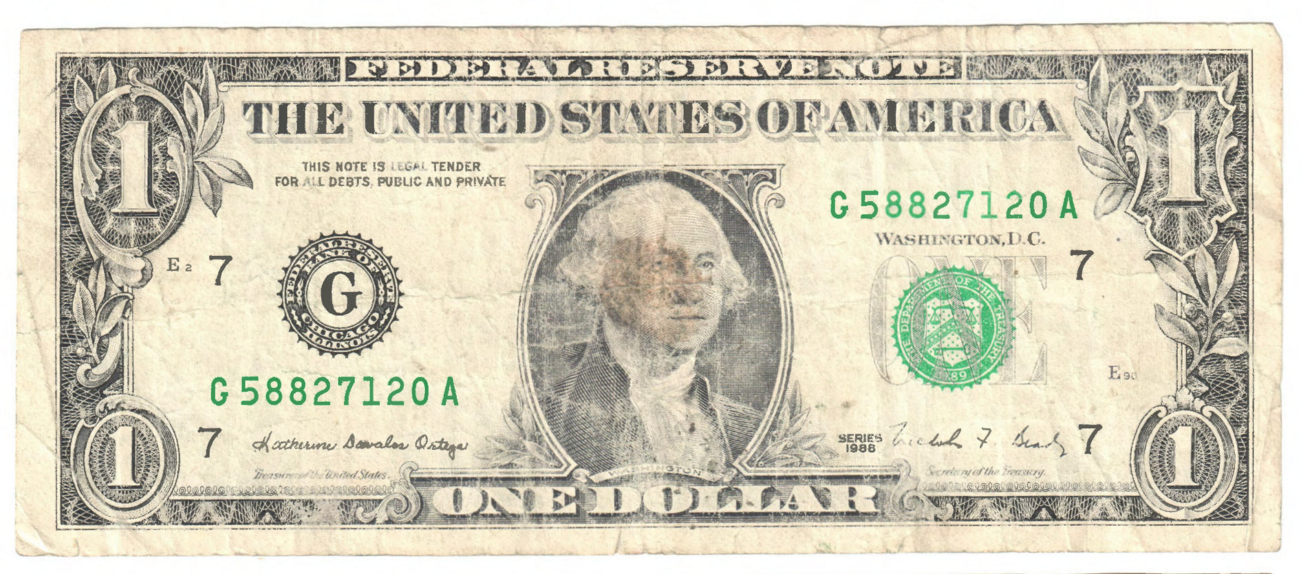 USA 1988 $1 One Dollar Banknote Chicago s/n G 58827120 A – Gumnut Antiques