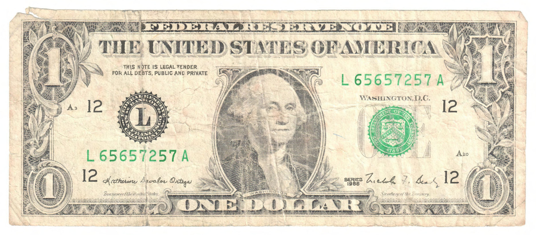 USA 1988 $1 One Dollar Banknote San Francisco s/n L 65657257 A – Gumnut ...