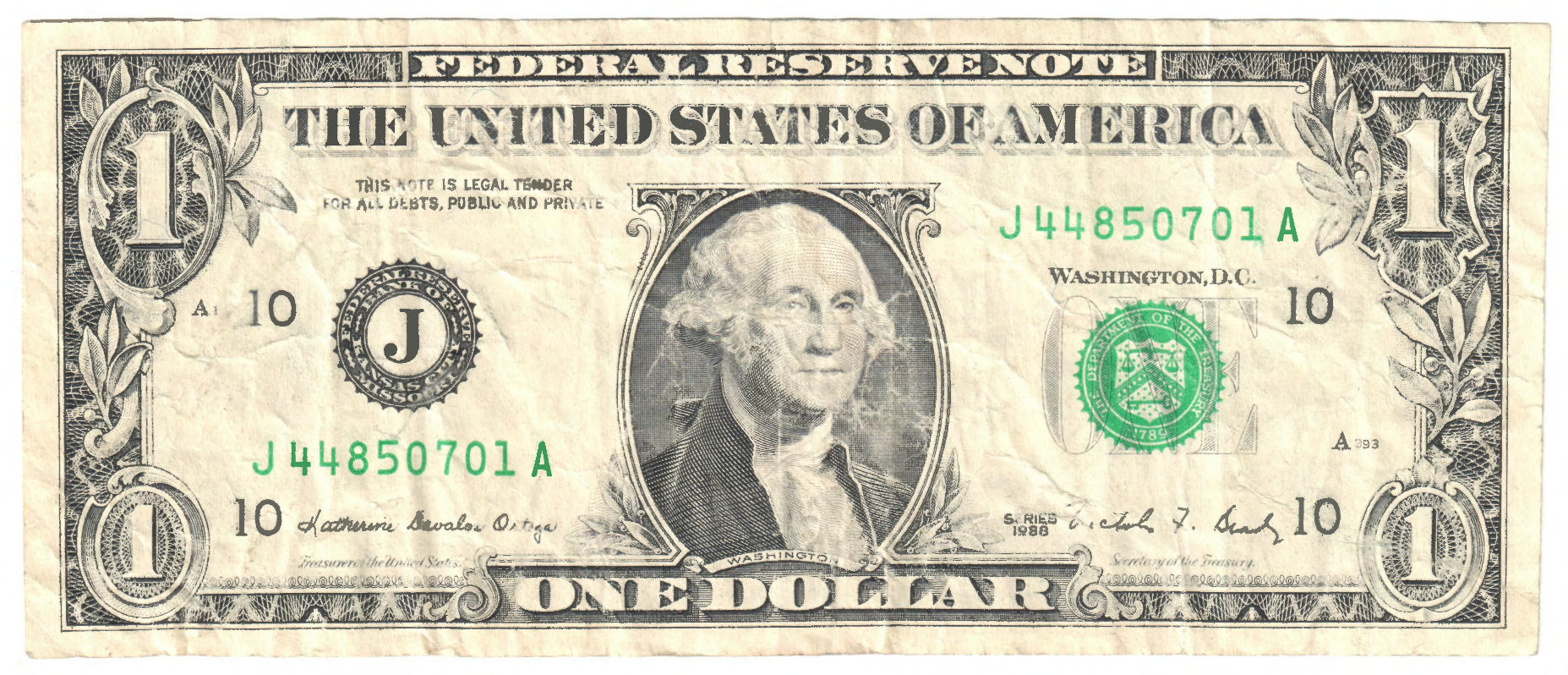 USA 1988 $1 One Dollar Banknote Kansas City s/n J 44850701 A – Gumnut ...