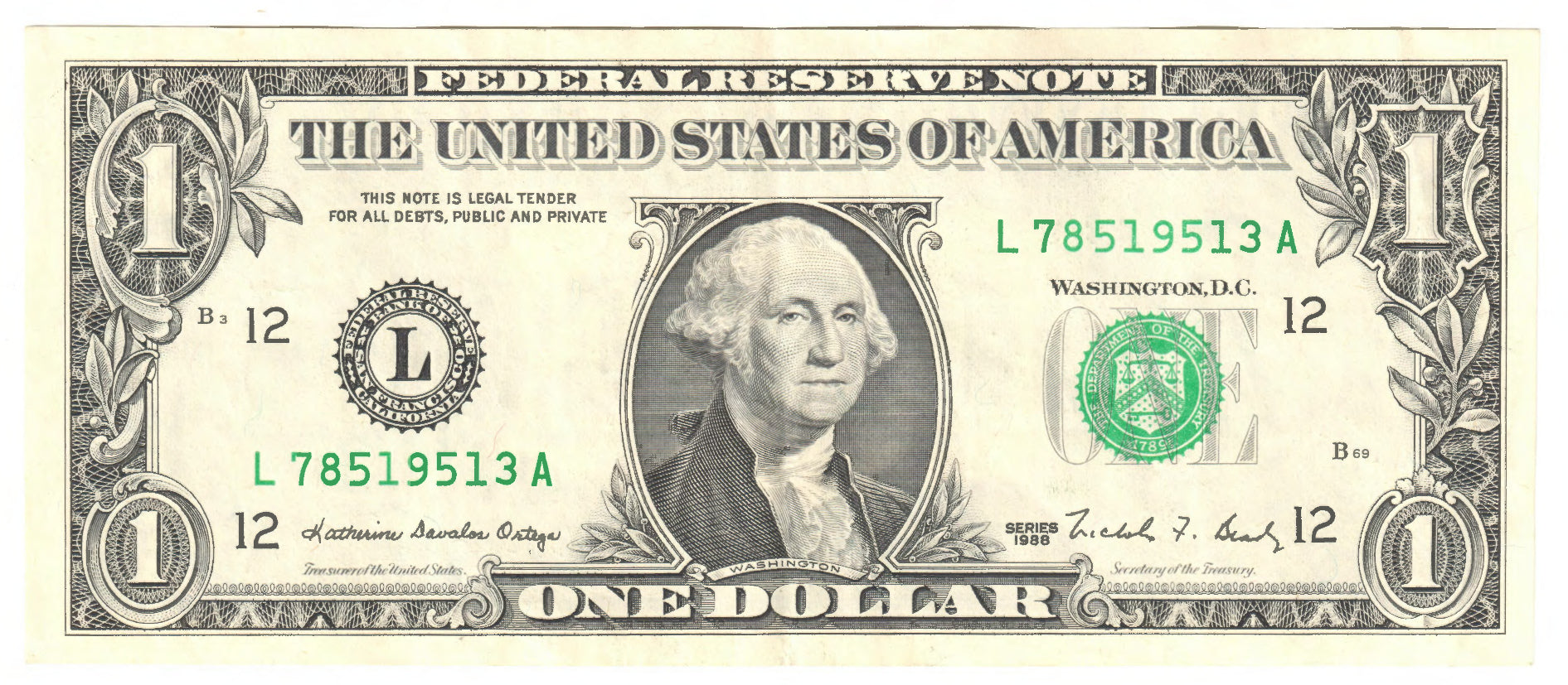USA 1988 $1 One Dollar Banknote San Francisco s/n L78519513 A – Gumnut ...