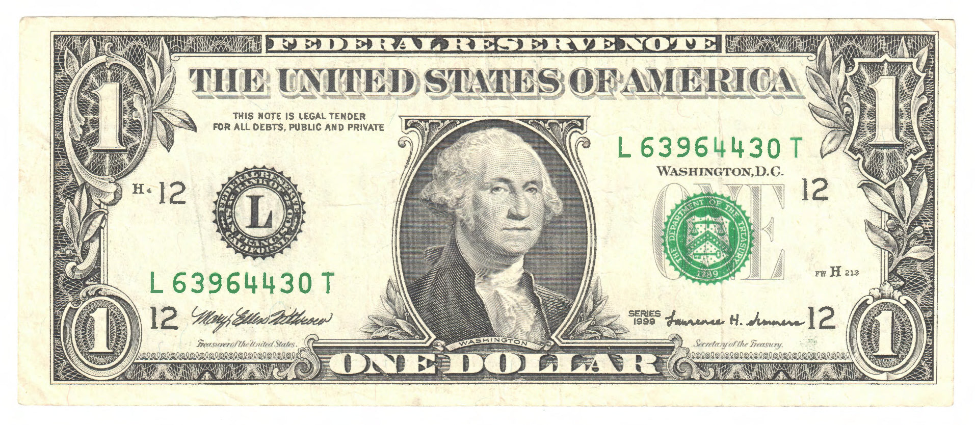 USA 1999 $1 One Dollar Banknote San Francisco s/n L 63964430 T – Gumnut ...