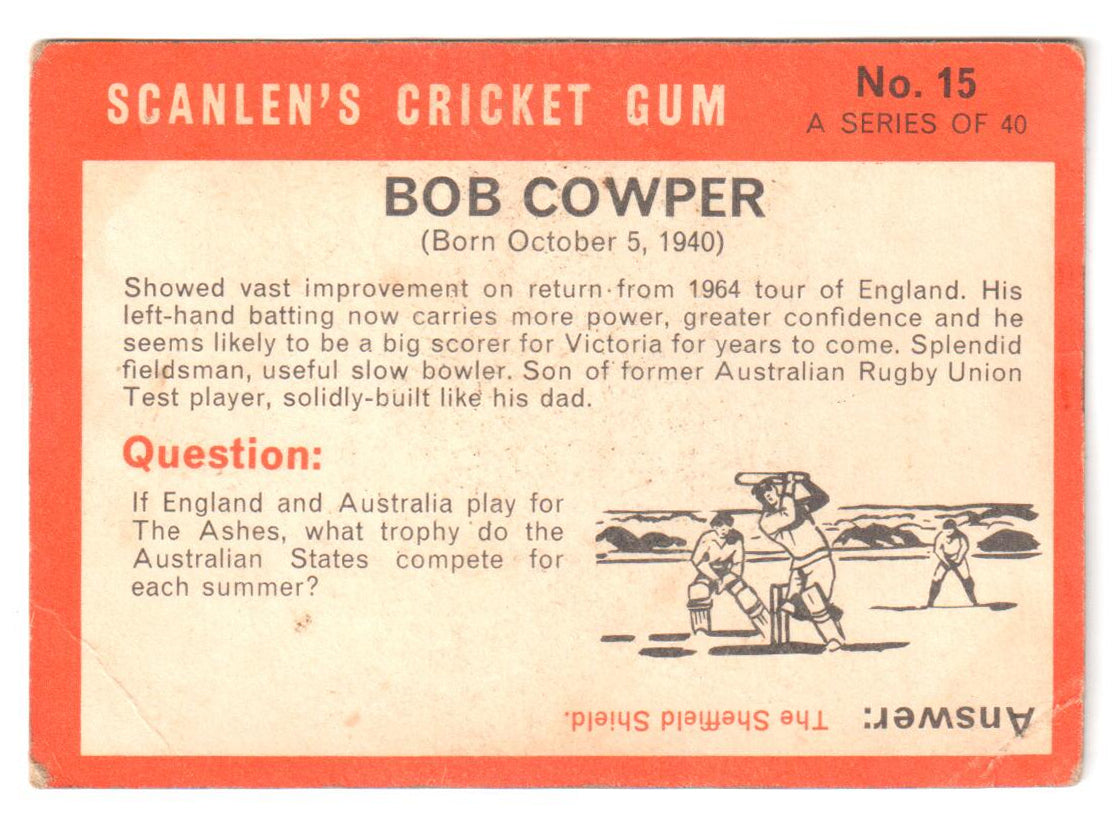 Scanlens 1965 Cricket Card #15 - Bob Cowper – Gumnut Antiques