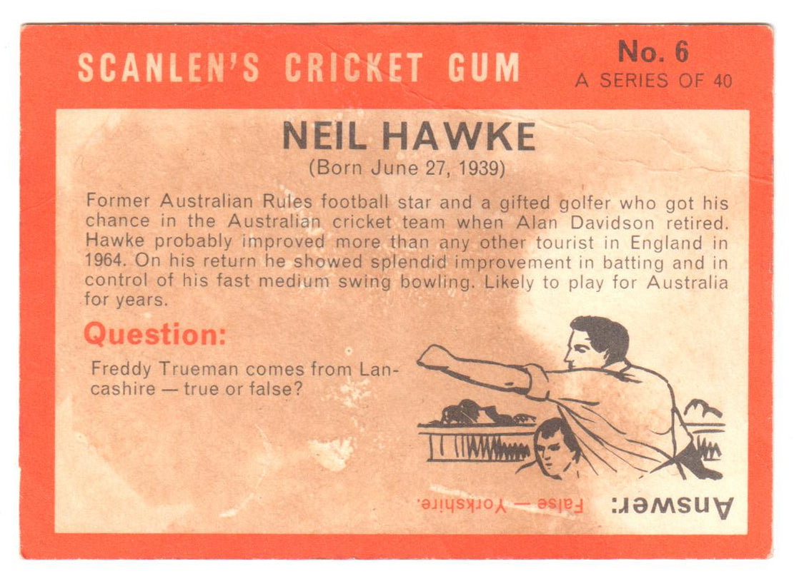 Scanlens 1965 Cricket Card #06 - Neil Hawke – Gumnut Antiques